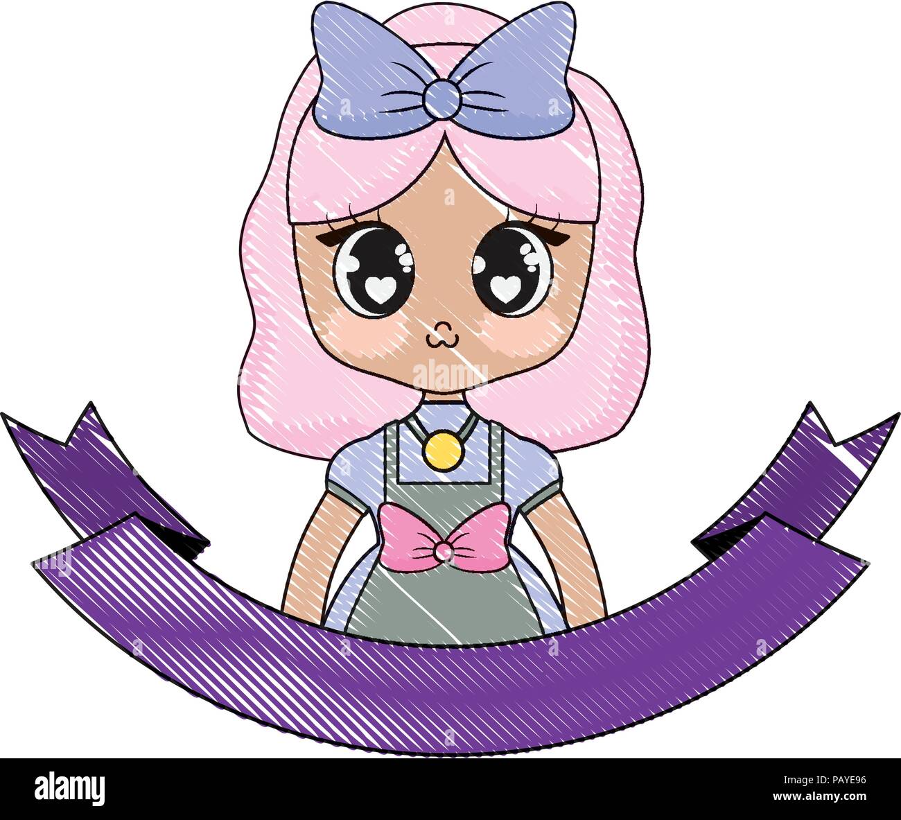 emblem with cute asian girl icon and decorative ribbon over white ...