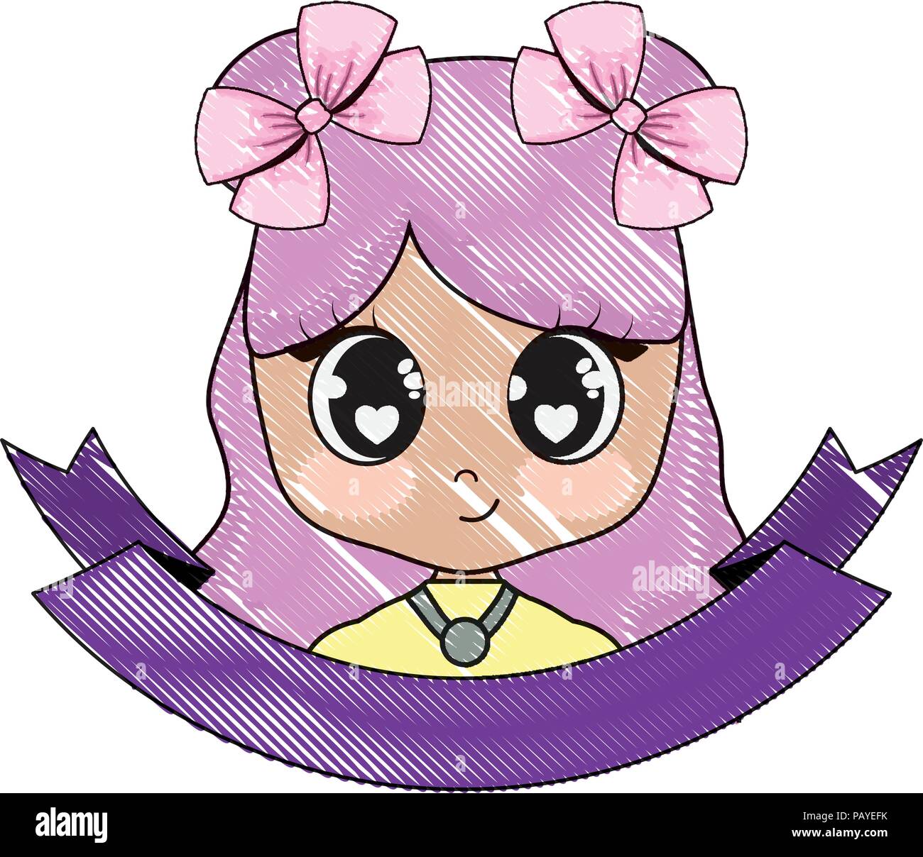 emblem with cute asian girl icon and decorative ribbon over white ...
