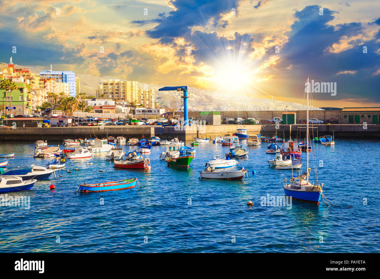 Colorful sunset over Candelaria cityscape in summer season, Canary ...
