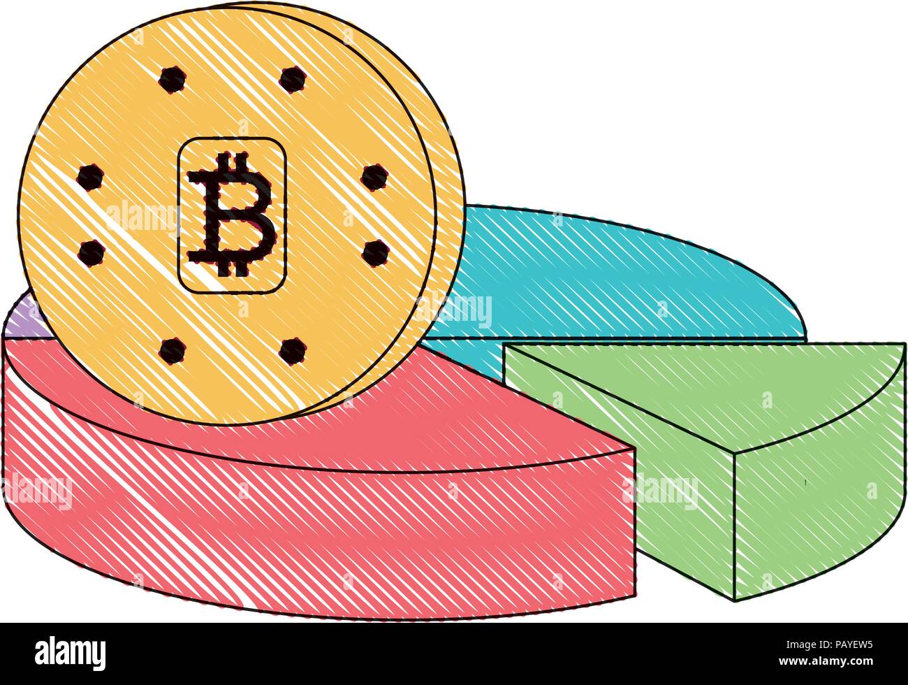 pie chart and bitcoin coin icon over white background, vector ...