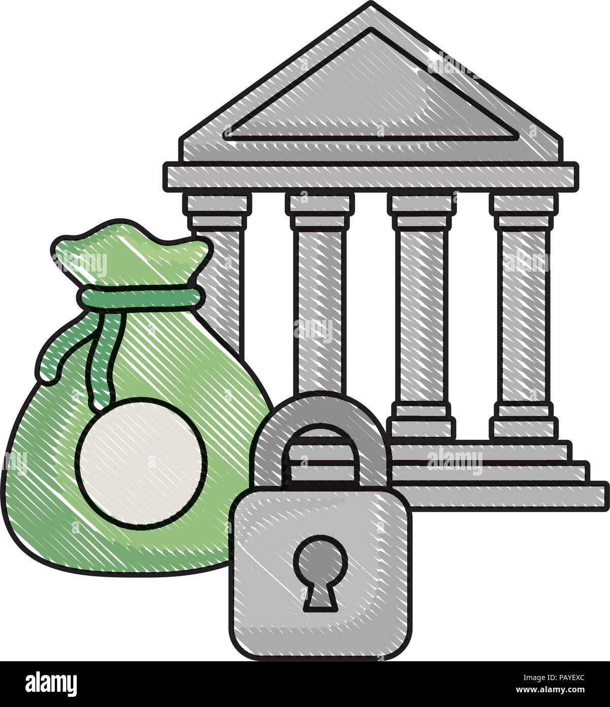 bank building with padlock and money sack icon over white background ...