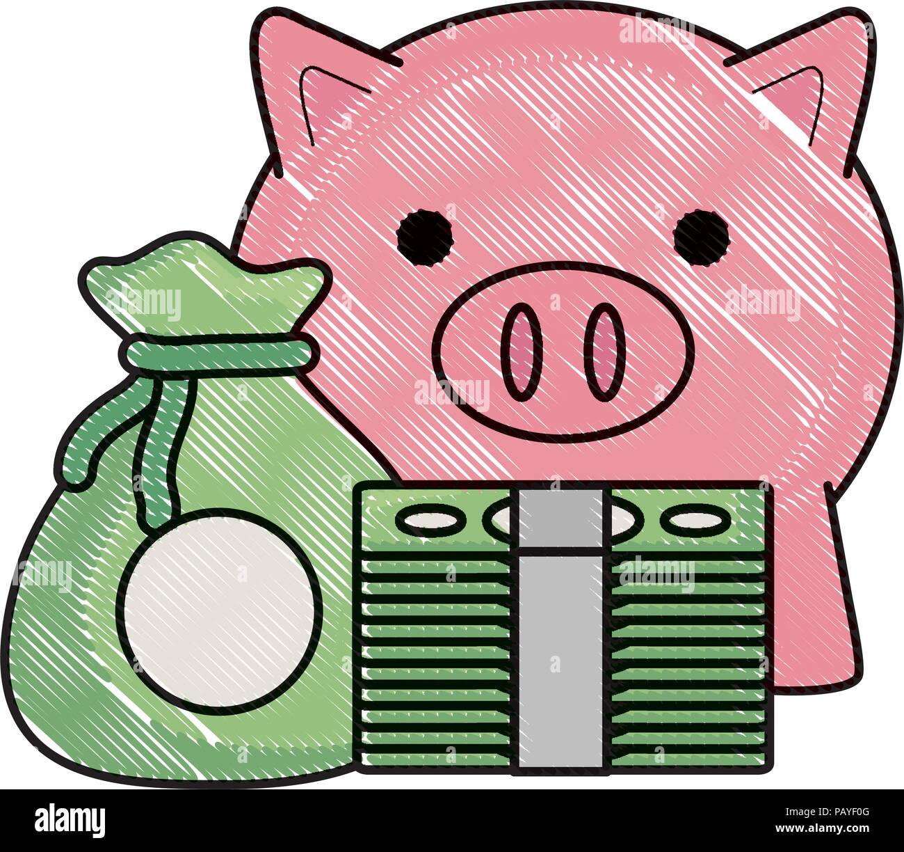 piggy bank and money bills and sack icon over white background, vector ...