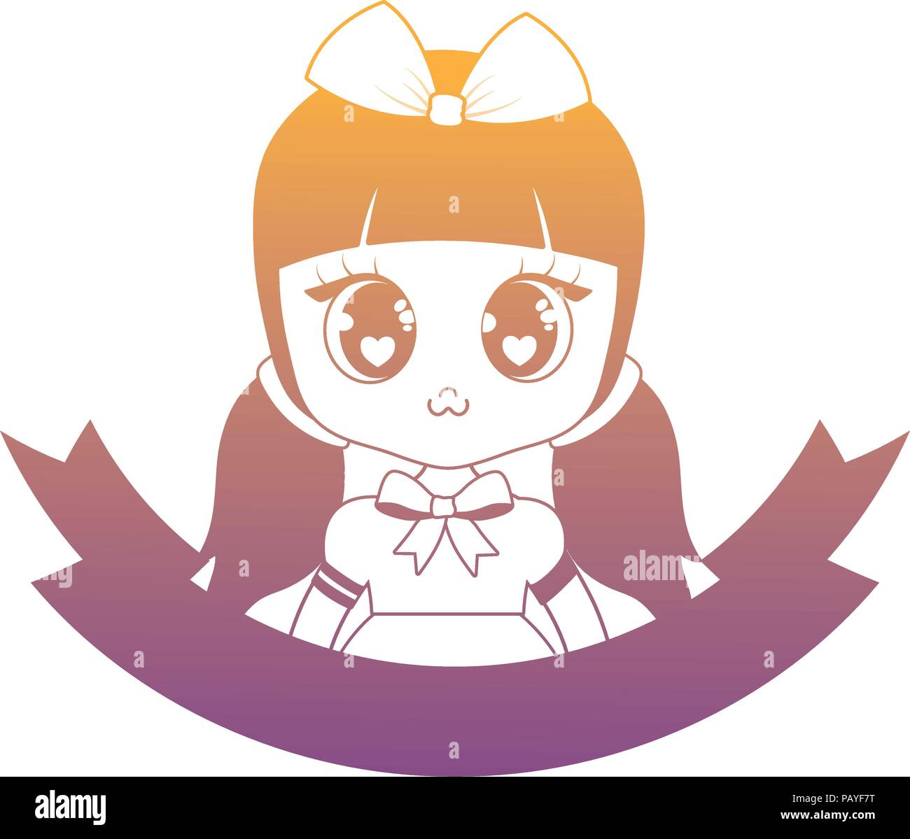 emblem with cute asian girl icon and decorative ribbon over white ...