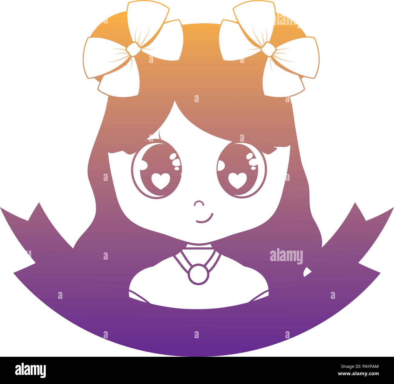 emblem with cute asian girl icon and decorative ribbon over white ...