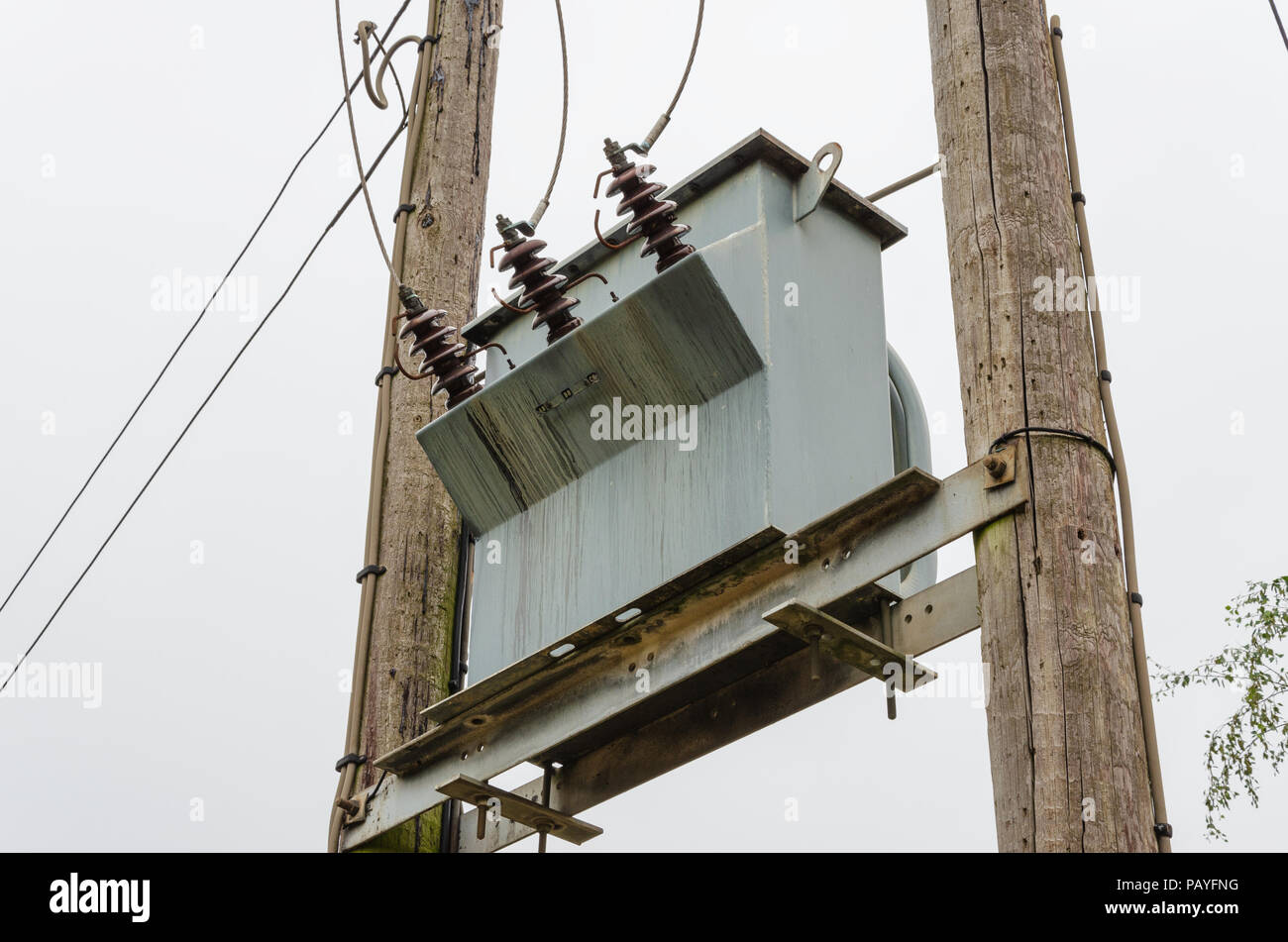 Electricity transformer outdoor mounted on wooden supporting frame ...