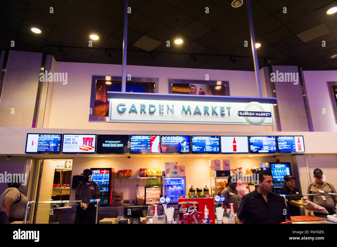 NEW YORK, USA - OCT 8, 2015: Food court at the Madison Square Garden ...