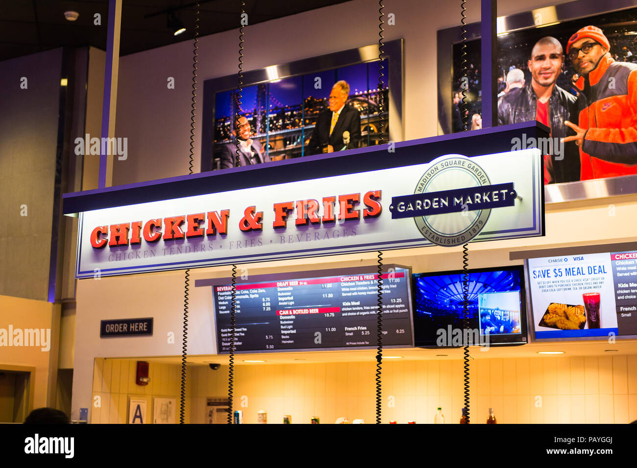 NEW YORK, USA - OCT 8, 2015: Chicken and fries at the Food court at the ...