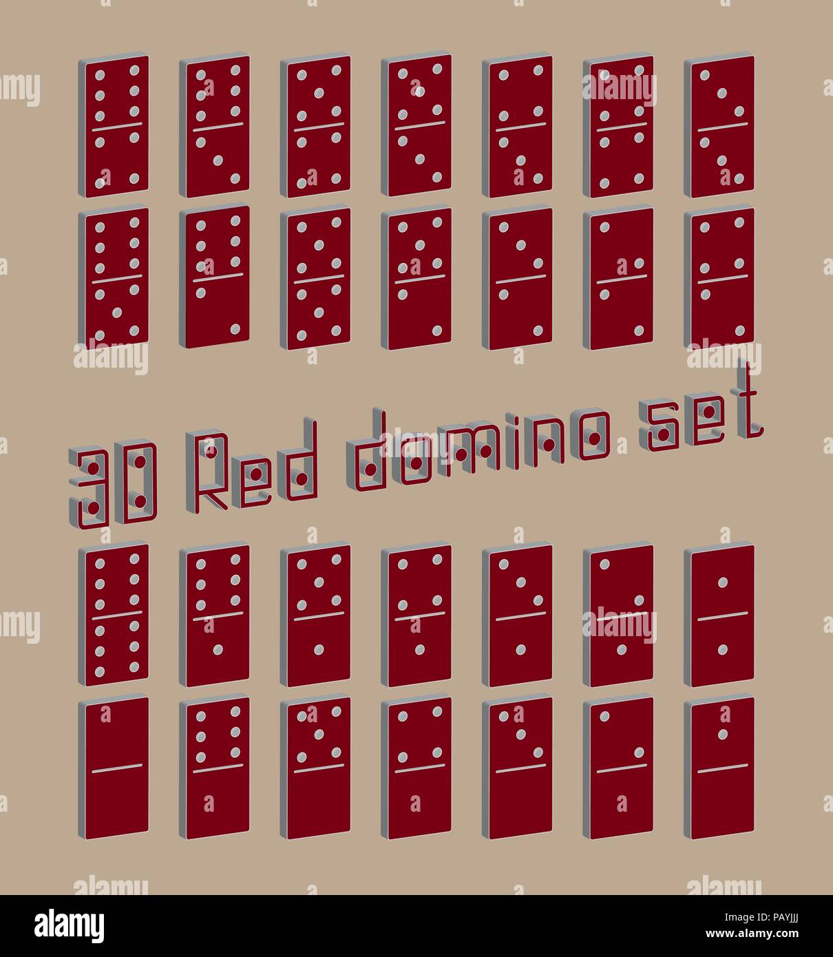 Realistic Dominoes full set 28 3D flat pieces for game . Red collection ...