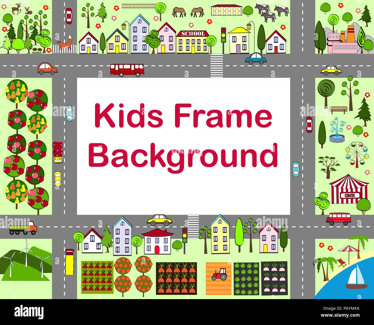 Cartoon city frame with houses, garden, fields, sea, attraction and ...