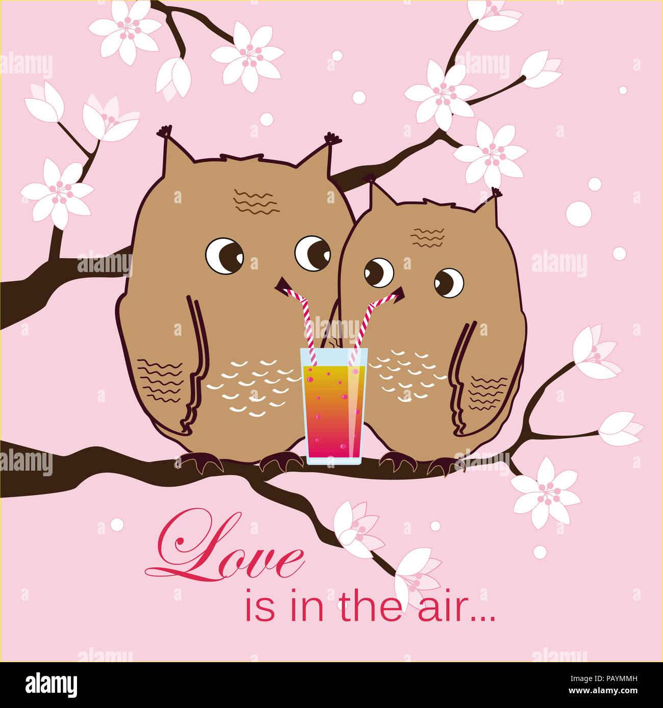 Cute two owls sitting on blossoming tree. Owlets drinking cocktail. Gomantic background. Vector ...