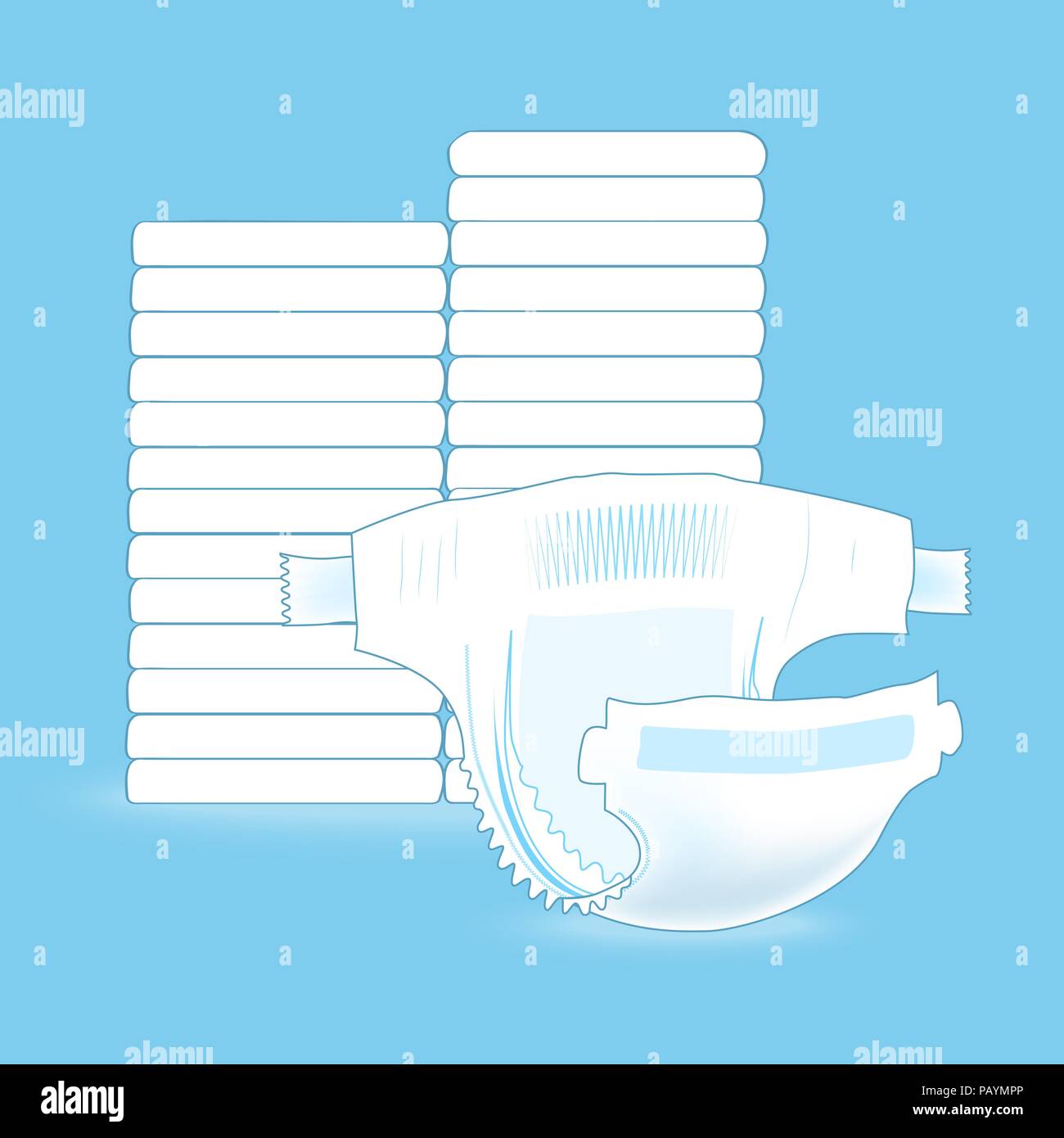 Stack of baby diapers and the open diaper in front. Kids nappy ...