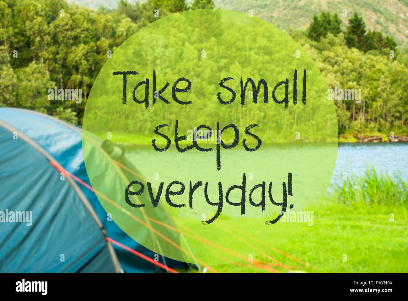 Lake Camping, Quote Take Small Steps Everyday Stock Photo - Alamy