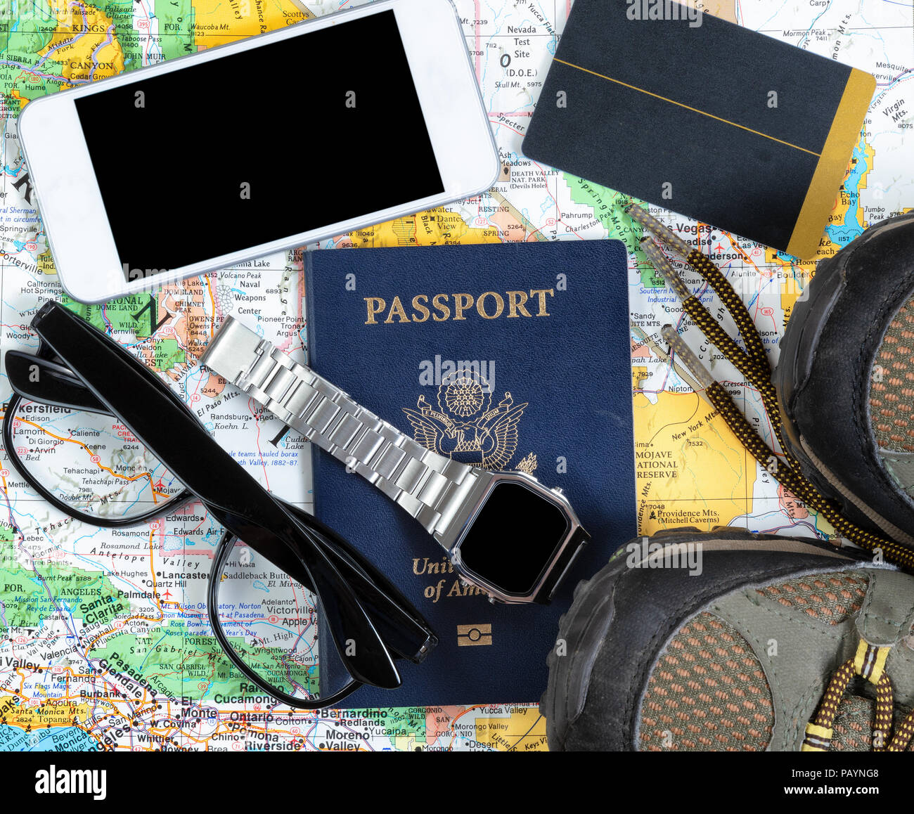 Basic Travel objects placed on map Stock Photo - Alamy