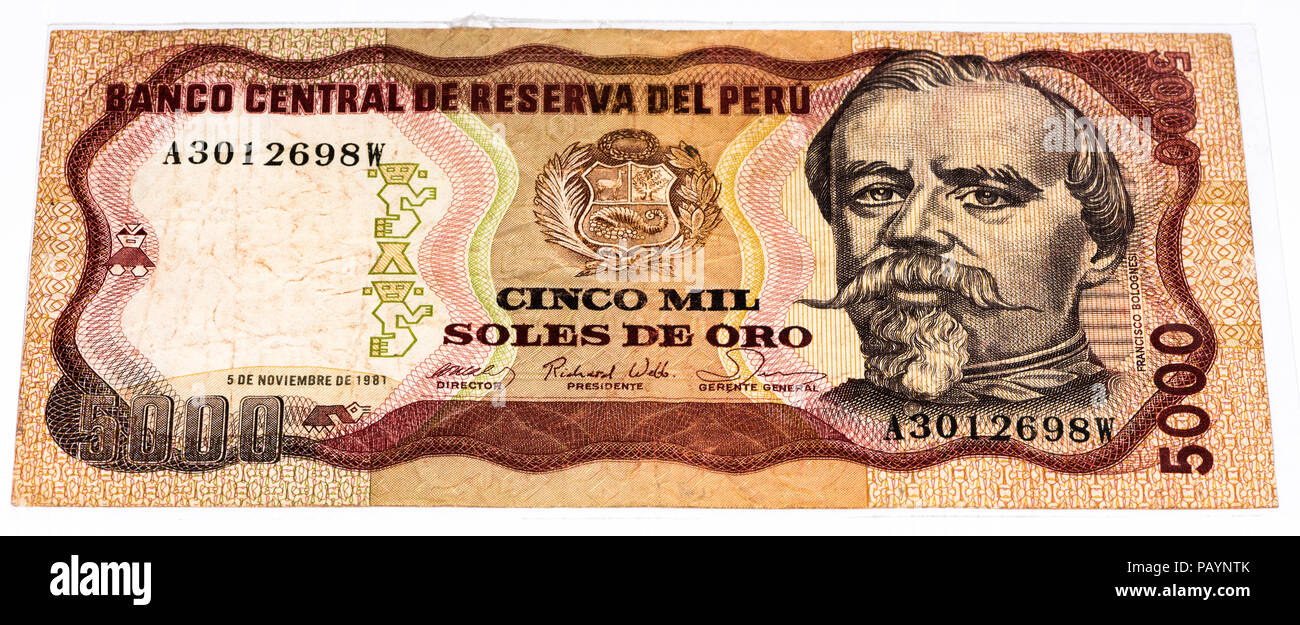 VELIKIE LUKI, RUSSIA - JULY 30, 2015: 5000 soles de oro bank note ...