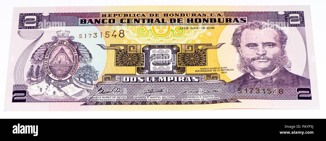 VELIKIE LUKI, RUSSIA - JULY 30, 2015: 2 lempiras bank note. Lempira is ...