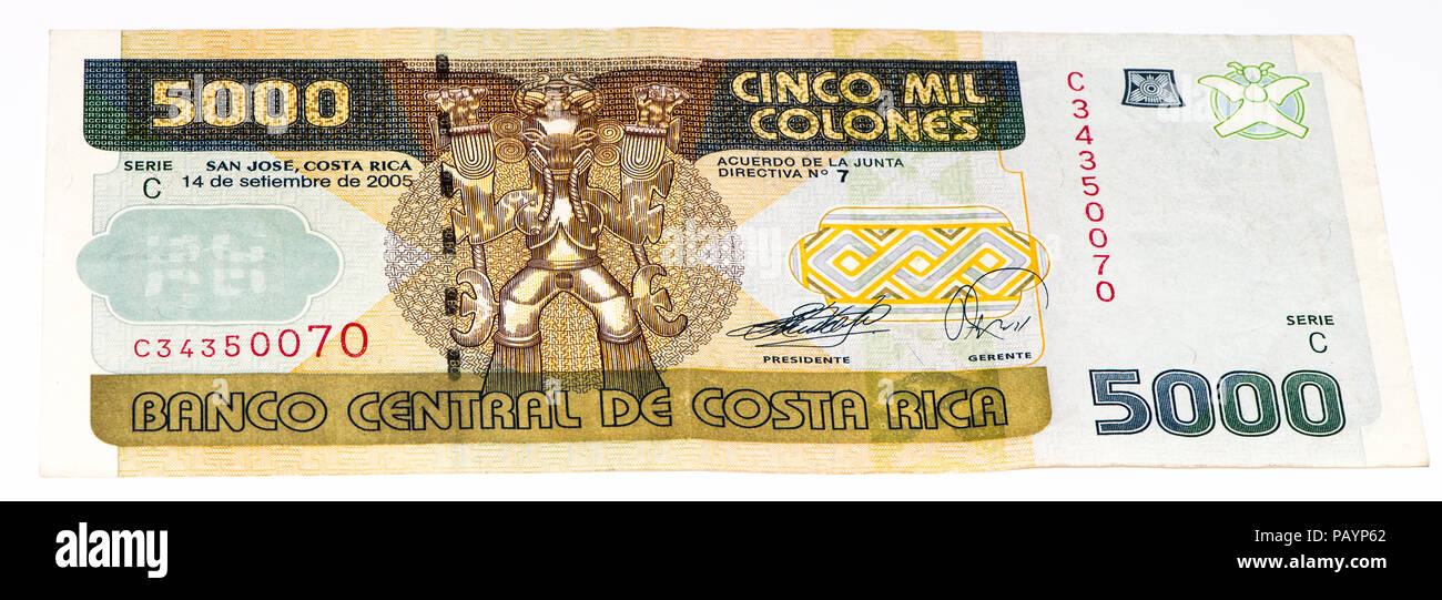 VELIKIE LUKI, RUSSIA - JULY 30, 2015: 5000 Costa Rican colones bank ...