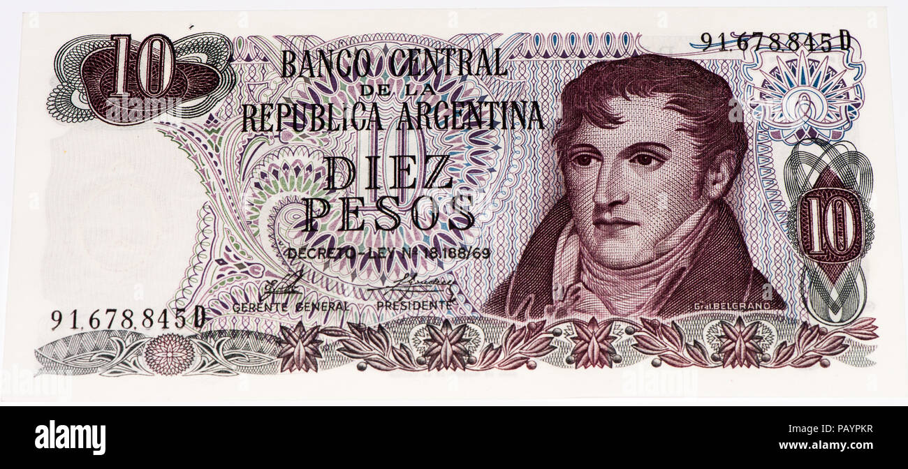 VELIKIE LUKI, RUSSIA - JULY 30, 2015: 10 Argentinian peso bank note ...