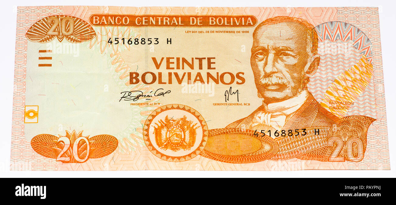 VELIKIE LUKI, RUSSIA - JULY 30, 2015: 20 bolivianos bank note ...