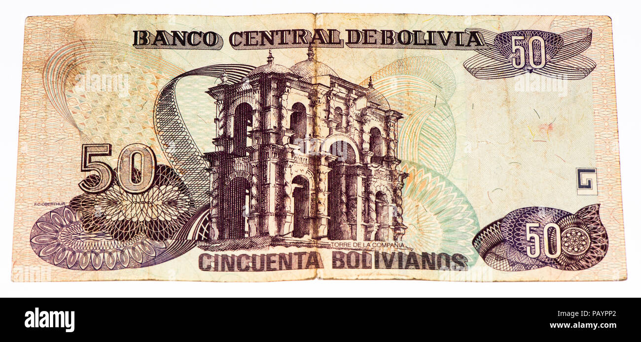 VELIKIE LUKI, RUSSIA - JULY 30, 2015: 50 bolivianos bank note ...