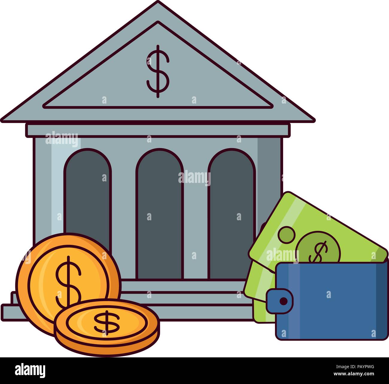 bank building with coins and wallet with money over white background ...
