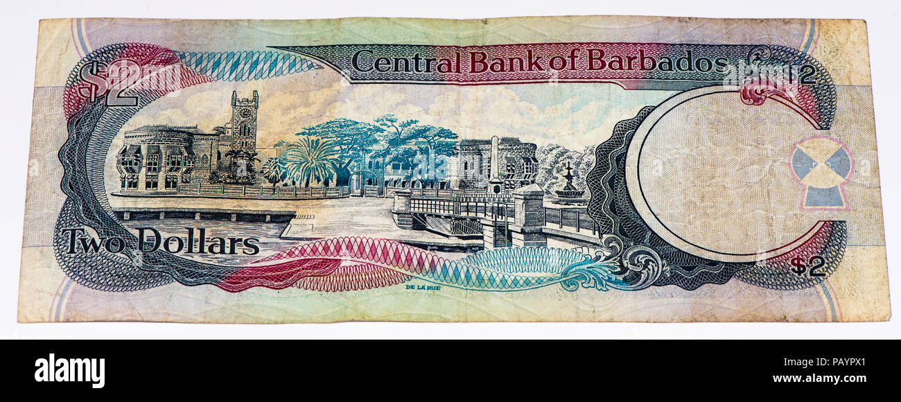VELIKIE LUKI, RUSSIA - JULY 30, 2015: 2 Barbadian dollar bank note ...