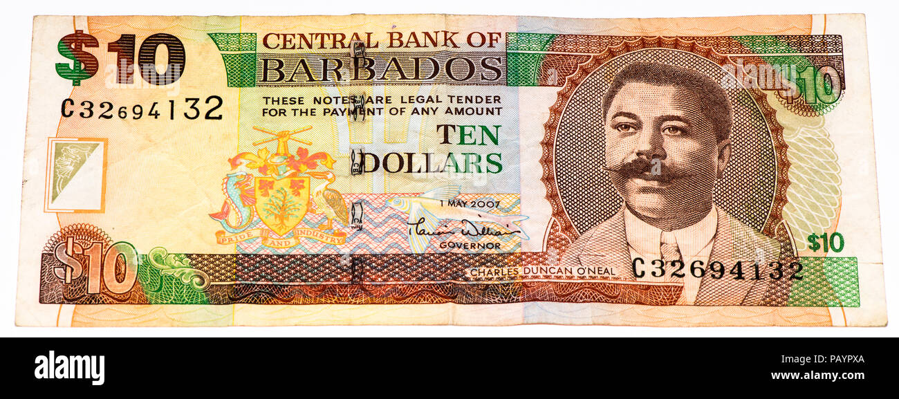 VELIKIE LUKI, RUSSIA - JULY 30, 2015: 10 Barbadian dollar bank note ...