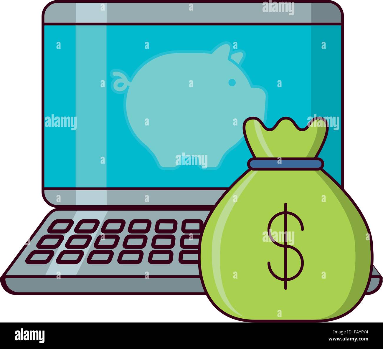 laptop computer and money sack icon over white background, vector ...