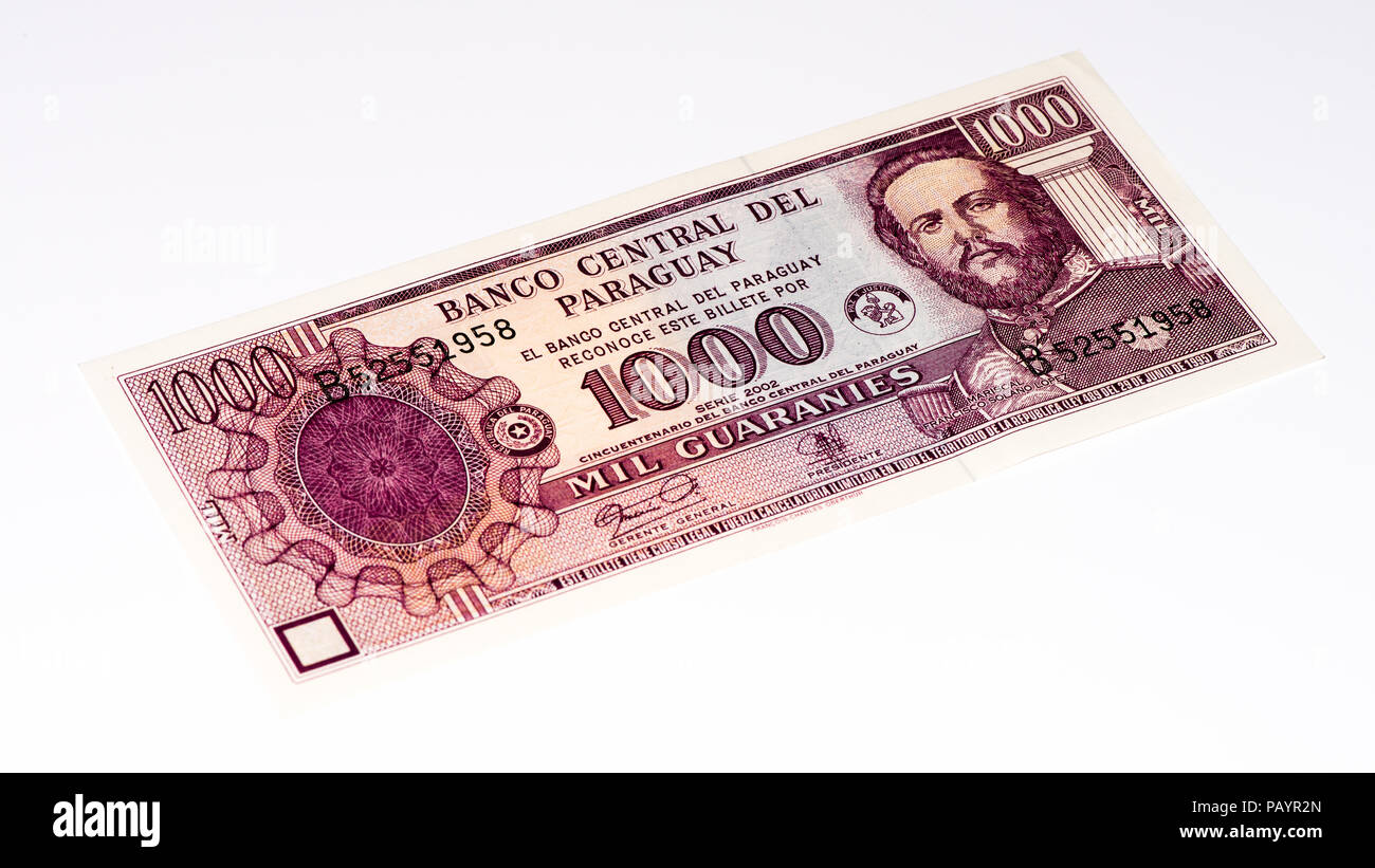 VELIKIE LUKI, RUSSIA - JULY 30, 2015: 1000 Paraguyan guarani, the ...