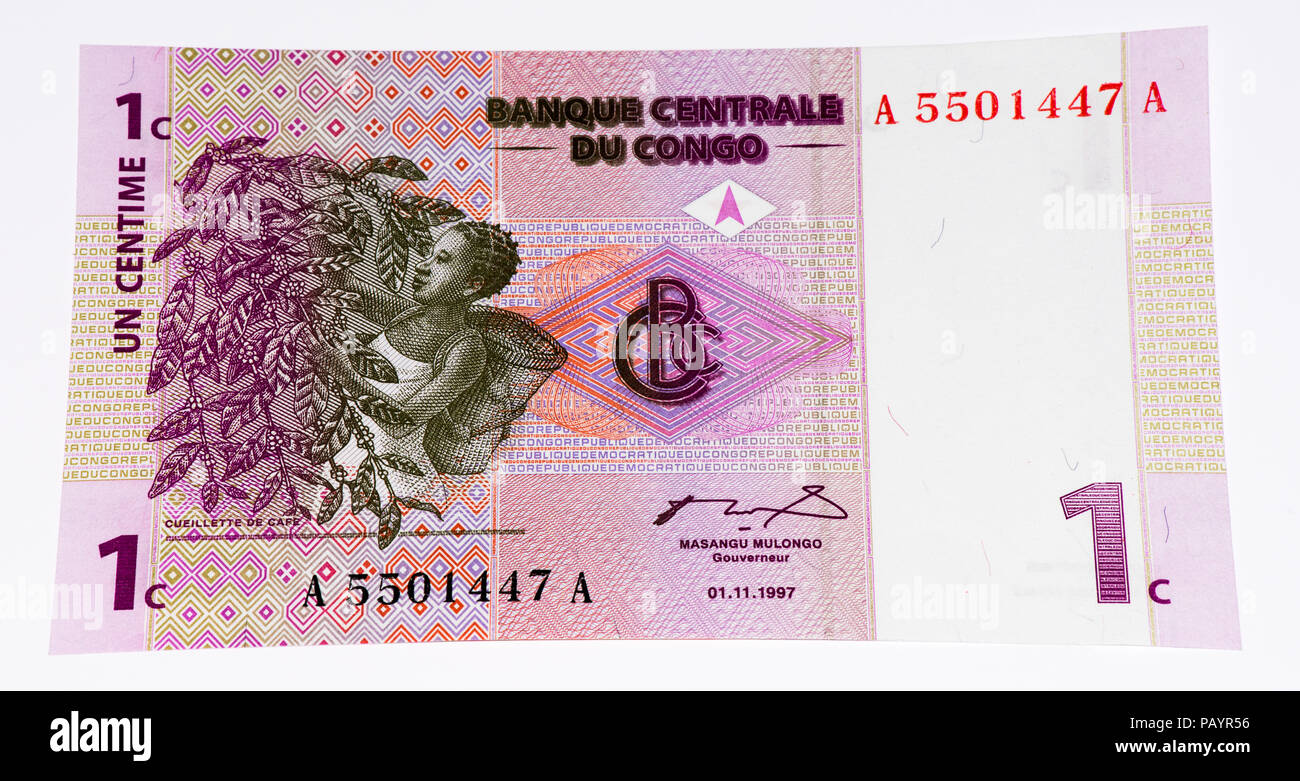 1 centimes bank note of Congo. Centimes is one of the currencies of ...