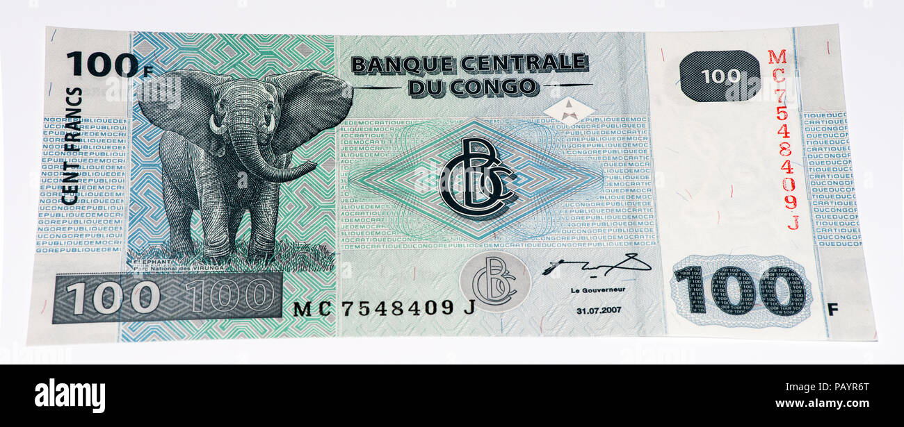 100 Congolese francs bank note of Congo. Congoles franc is the national ...