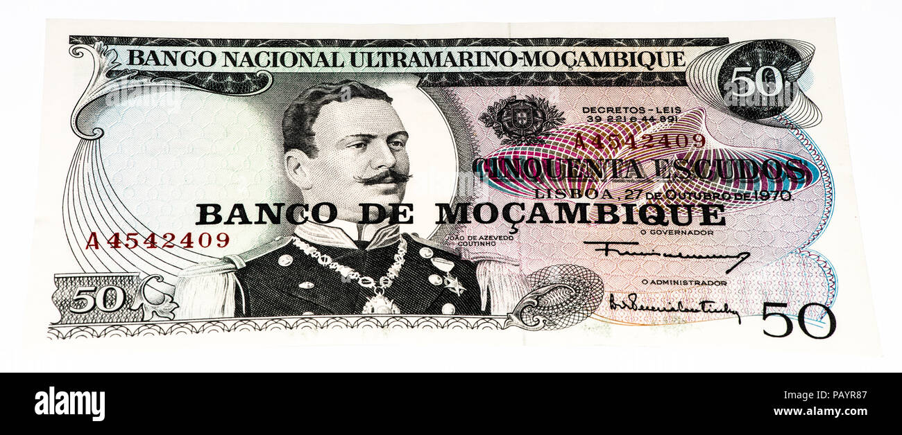 50 Mozambican escudos bank note. Mozambican escudo is former currency ...