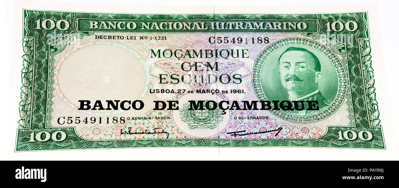 100 Mozambican ecudos bank note. Mozambican escudo is former currency ...