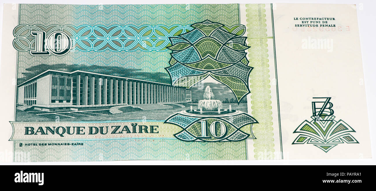 10 Zaire bank note. Zaire is the national currency of Zaire Stock Photo ...