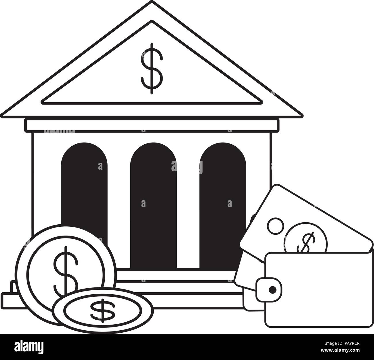 bank building with coins and wallet with money over white background ...