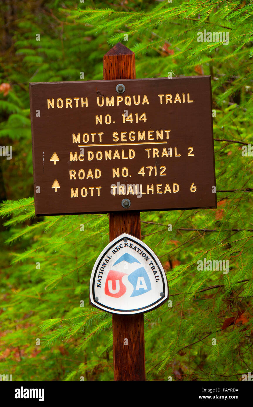 Trail sign along North Umpqua River National Recreation Trail, Rogue ...