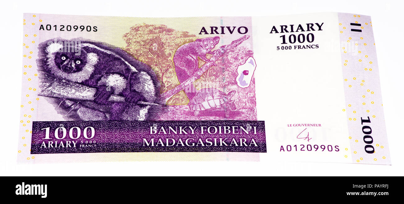 1000 Malagasy ariary bank note of Madagascar. Malagasy ariary is the ...