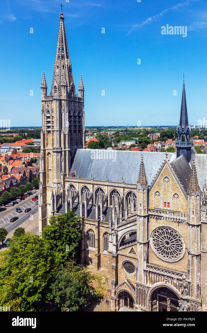 Spire and transept of Ypres cathedral showing the skyline over the town ...