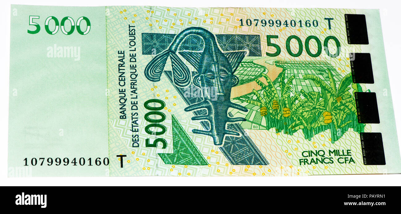 5000 CFA franc bank note. CFA franc is used in 14 African countries ...