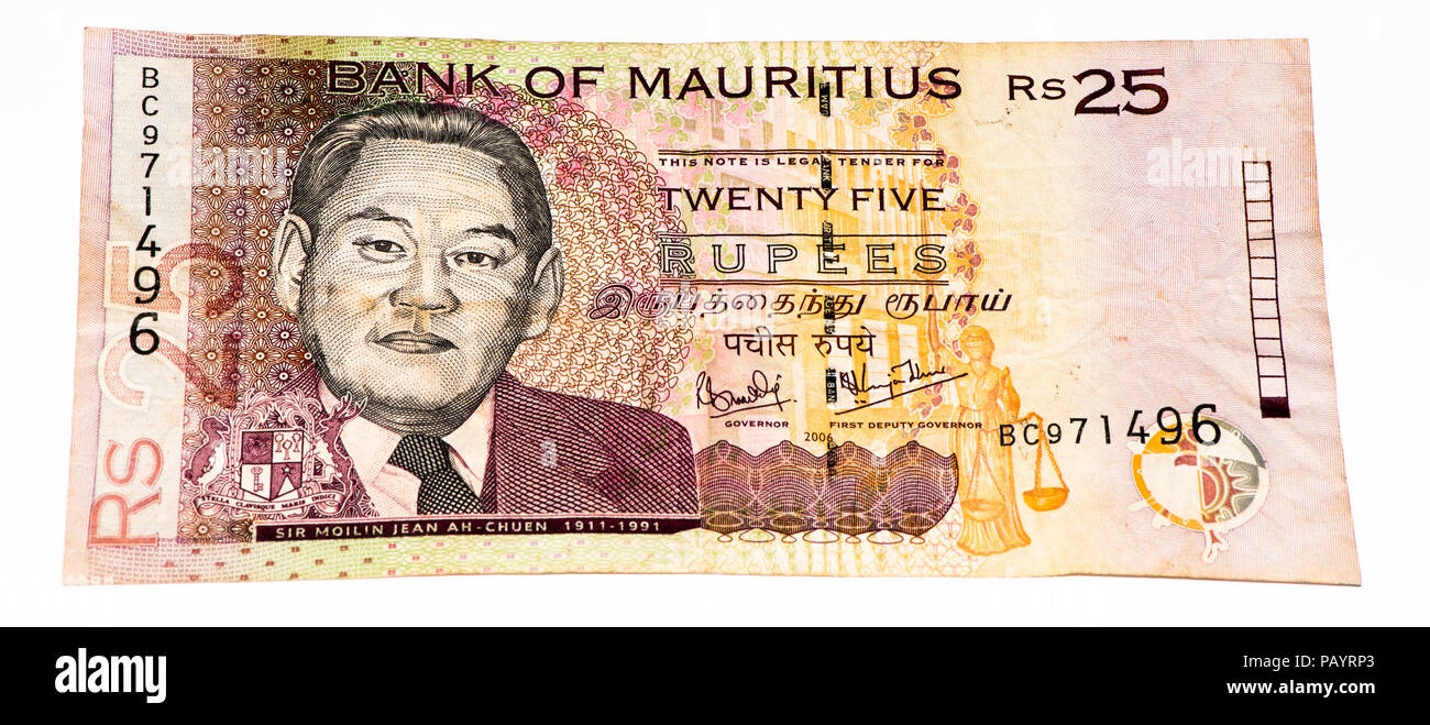 25 Mauritian rupees bank note. Mauritian rupee is the main currency of ...