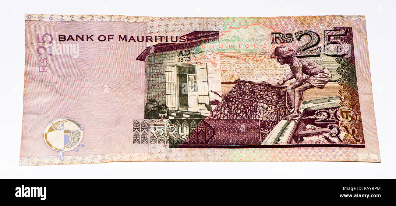 25 Mauritian rupees bank note. Mauritian rupee is the main currency of ...