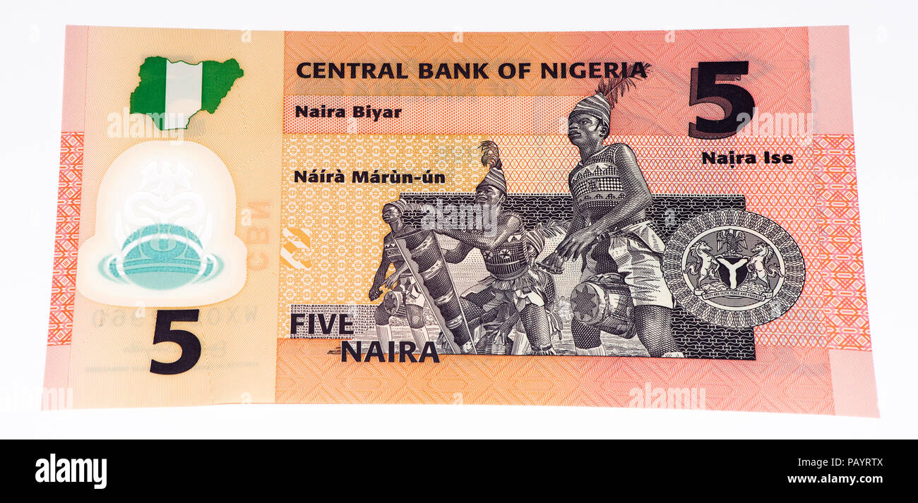 5 Nigerian naira bank note. Nigerian naira is the main currency of ...