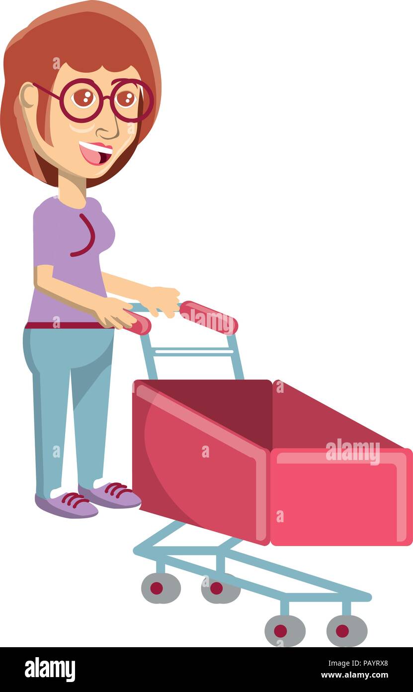 cartoon woman with shopping cart over white background, vector ...