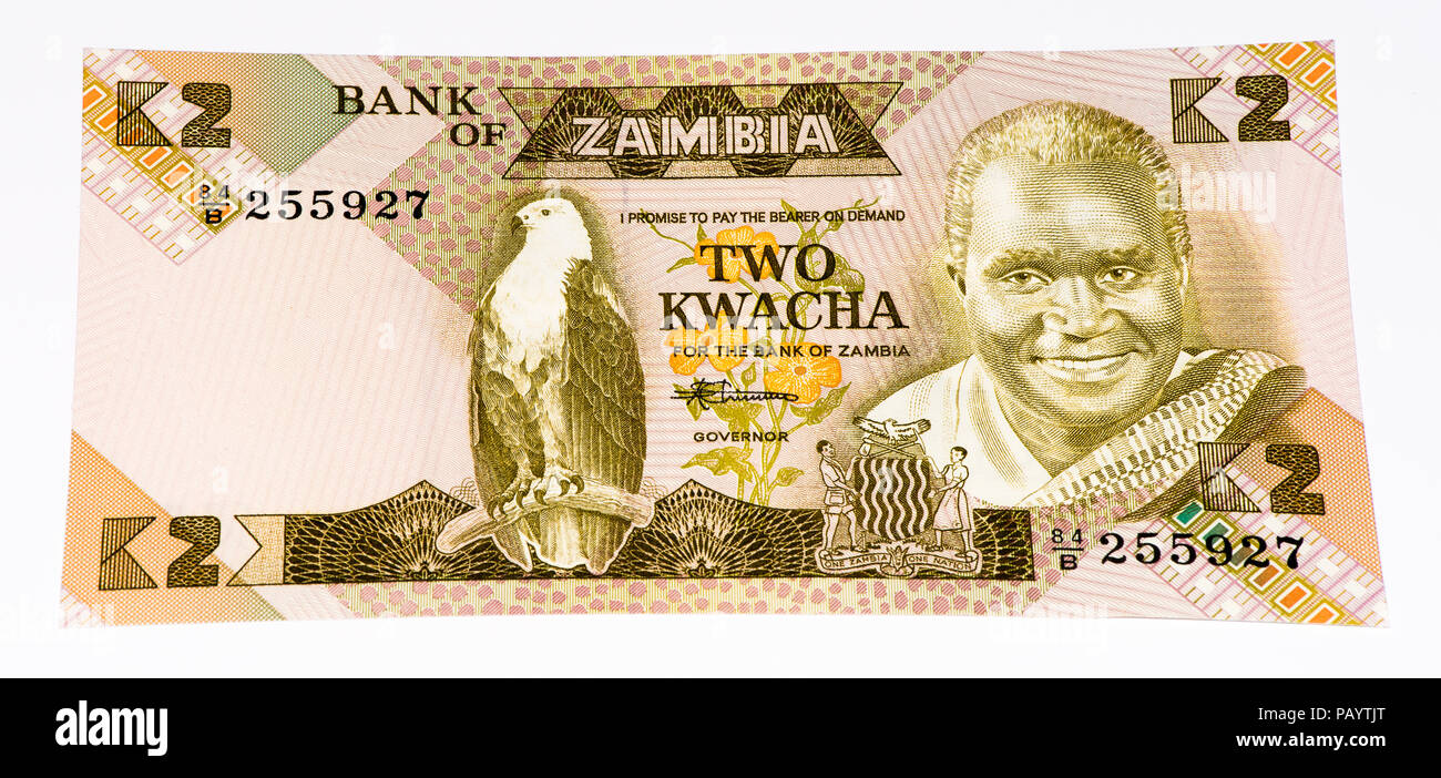 2 Zambian kwach bank note. Zambian kwacha is the national currency of ...