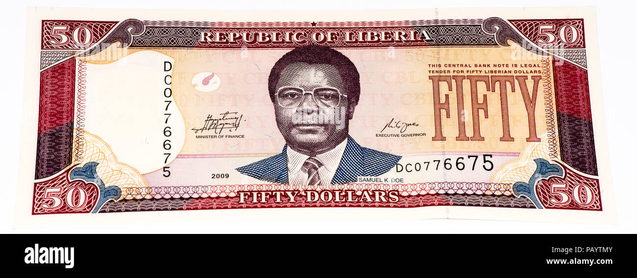 50 Liberian dollars bank note. Liberian dollars is the national ...