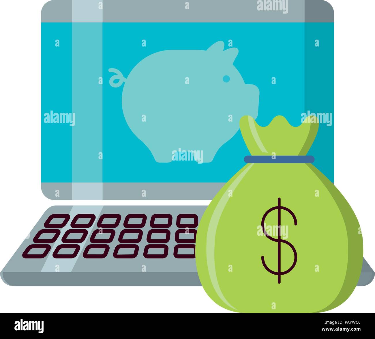 laptop computer and money sack icon over white background, vector ...