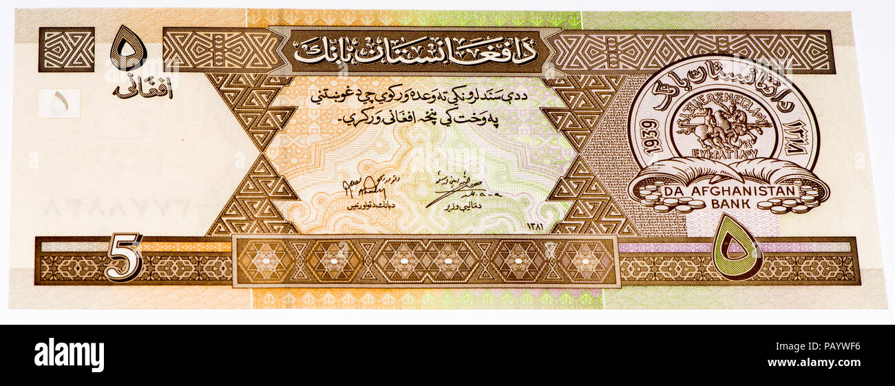VELIKIE LUKI, RUSSIA - JULY 30, 2015: 5 afghani bank note. Afghani is ...