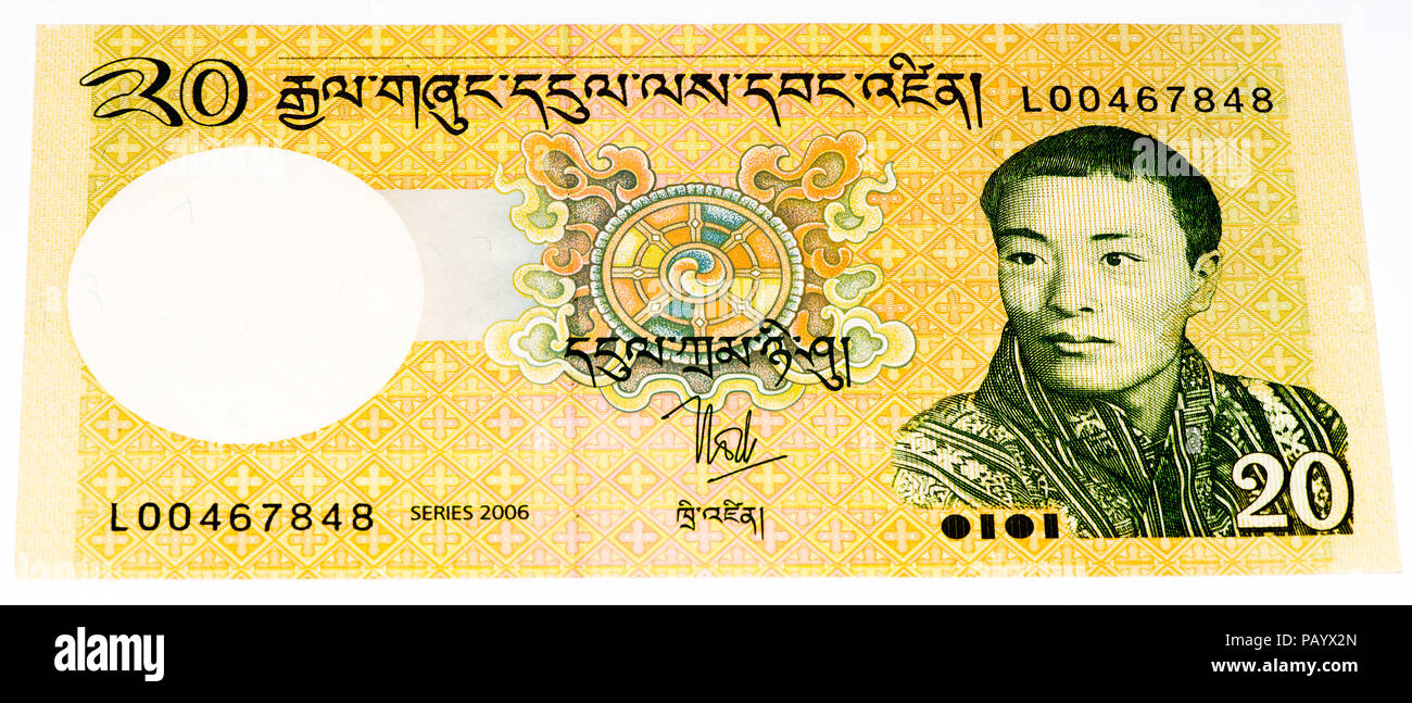 VELIKIE LUKI, RUSSIA - JULY 30, 2015: 20 ngultrum bank note of Bhutan ...