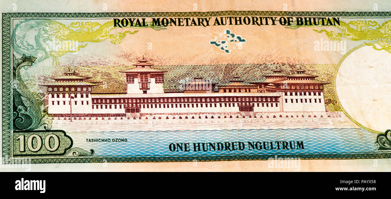 100 ngultrum bank note of Bhutan. Ngultrum is the national currency of ...