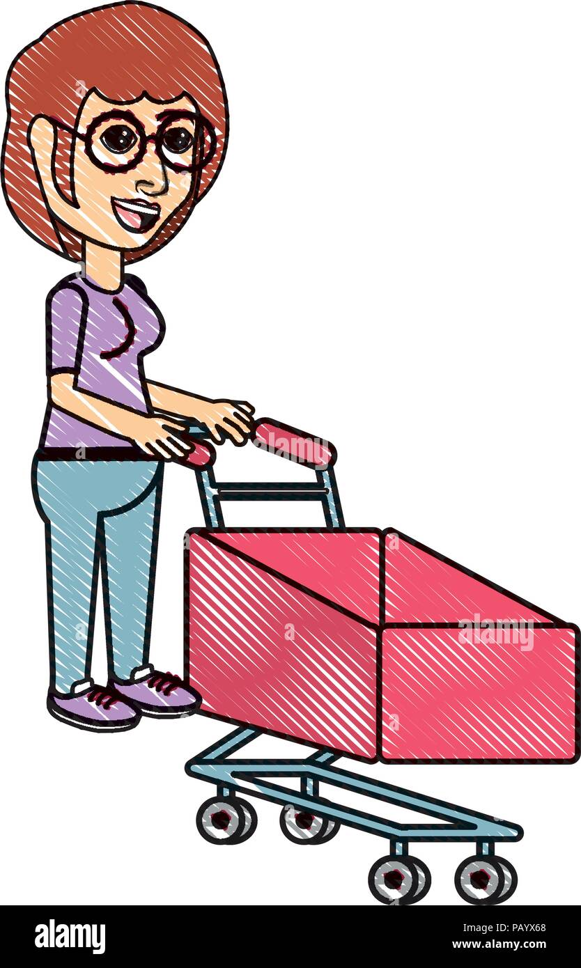 cartoon woman with shopping cart over white background, vector ...