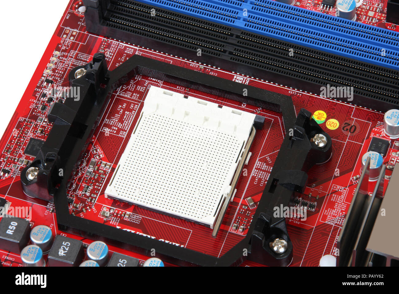 CPU socket and DIMM memory sockets in a modern PC computer mainboard ...